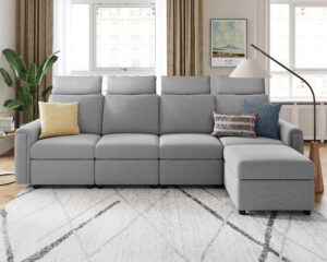 linsy home modular sectional sofa, upgraded high back sectional couch with 4 headrests, l shaped sofa bed with storage, sofa covers removable, 5 seat couch with ottoman for living room, grey