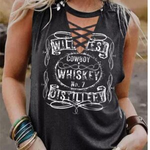 Cowboy Whiskey Criss-Cross Hollow Out Tank Tops Womens Summer Sexy Deep V Neck Tank Casual Loose-Fit Sleeveless T Shirts(Dark Grey-02,2X-Large)