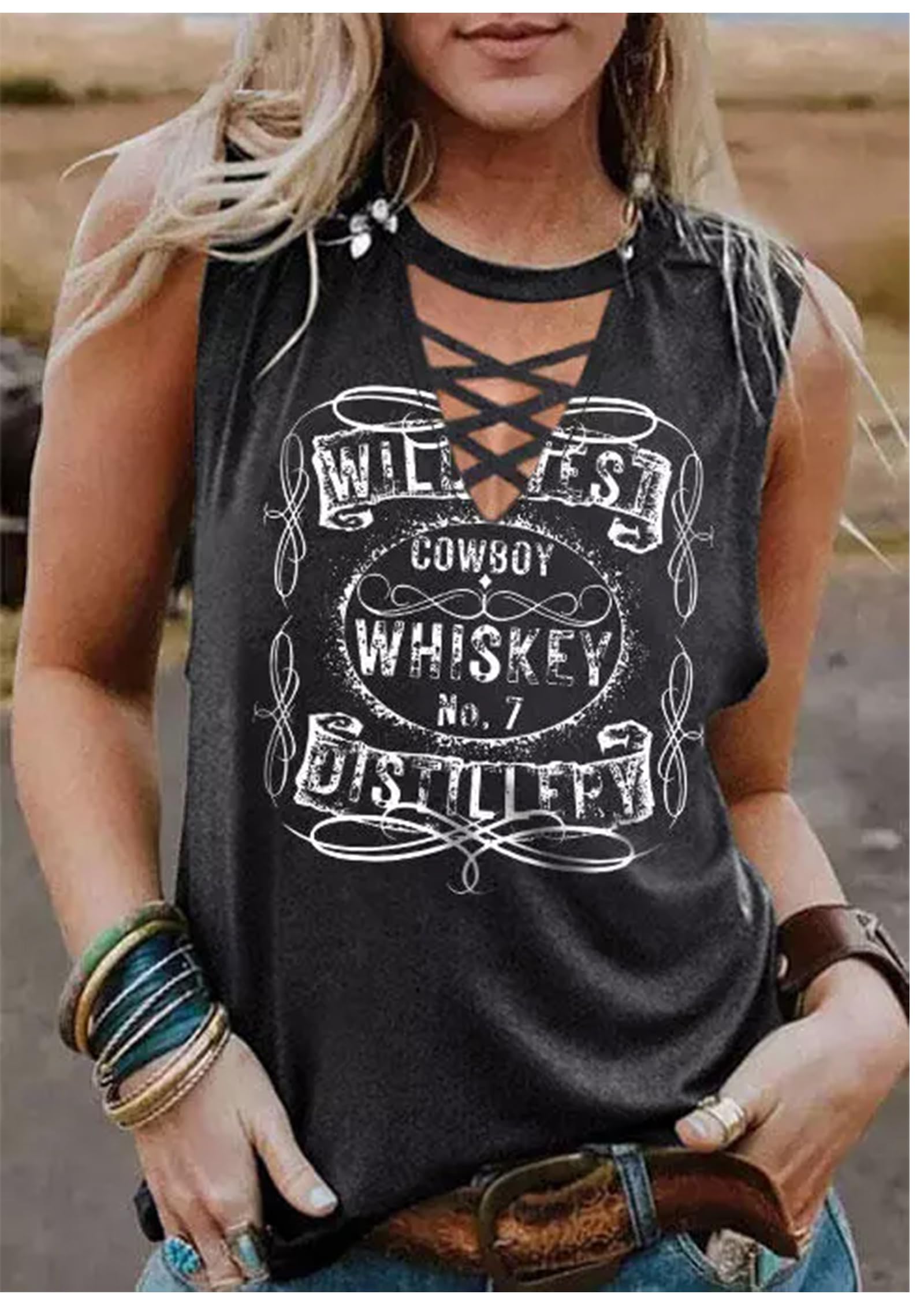 Cowboy Whiskey Criss-Cross Hollow Out Tank Tops Womens Summer Sexy Deep V Neck Tank Casual Loose-Fit Sleeveless T Shirts(Dark Grey-02,2X-Large)