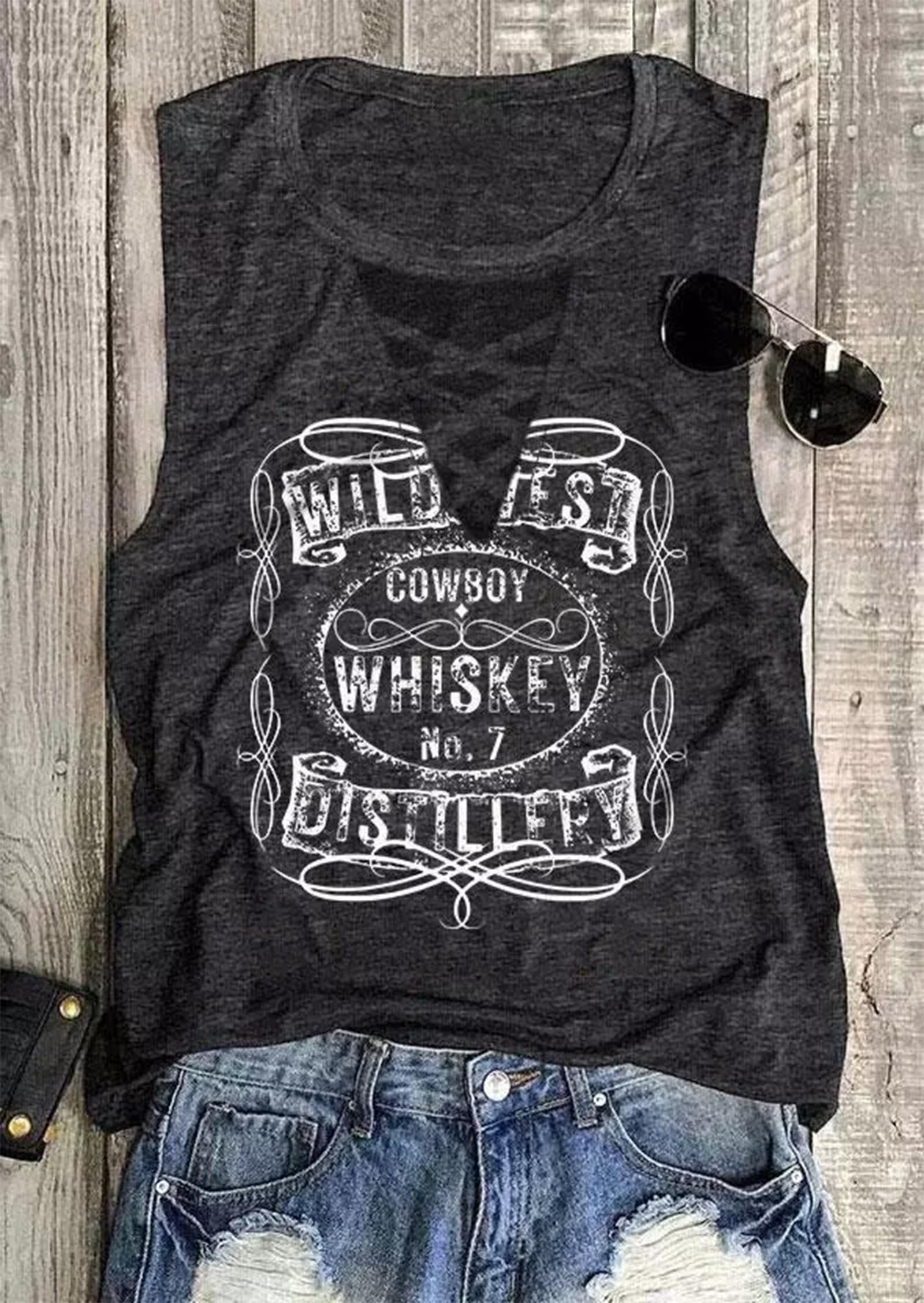 Cowboy Whiskey Criss-Cross Hollow Out Tank Tops Womens Summer Sexy Deep V Neck Tank Casual Loose-Fit Sleeveless T Shirts(Dark Grey-02,2X-Large)