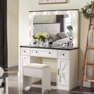 jxqtlingmu 43" makeup vanity desk with mirror and lights, farmhouse vanity dressing table set with 3 drawers & 2 cabinets, stool included, bedroom, off white