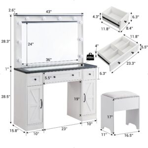 JXQTLINGMU 43" Makeup Vanity Desk with Mirror and Lights, Farmhouse Vanity Dressing Table Set with 3 Drawers & 2 Cabinets, Stool Included, Bedroom, Off White