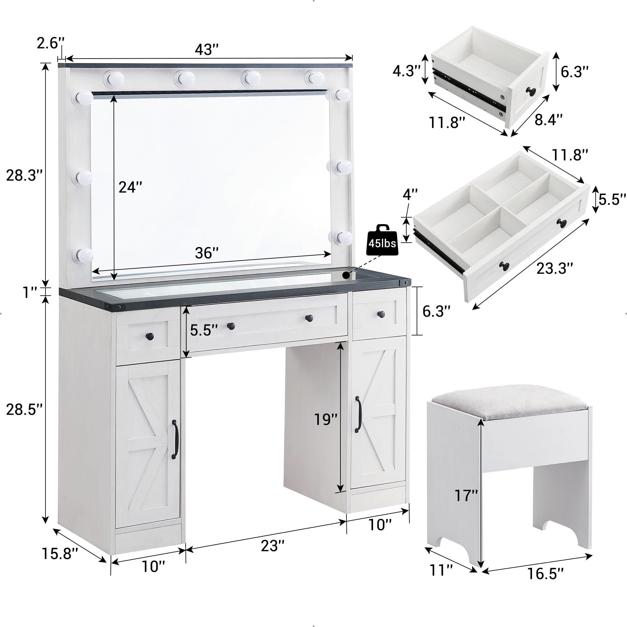 JXQTLINGMU 43" Makeup Vanity Desk with Mirror and Lights, Farmhouse Vanity Dressing Table Set with 3 Drawers & 2 Cabinets, Stool Included, Bedroom, Off White