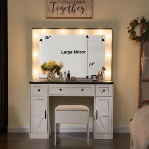 JXQTLINGMU 43" Makeup Vanity Desk with Mirror and Lights, Farmhouse Vanity Dressing Table Set with 3 Drawers & 2 Cabinets, Stool Included, Bedroom, Off White