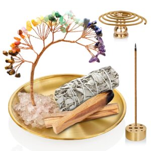 crystal tree palo santo holder, 7 chakra incense holder, brass incense holder 5.5 inches, 6 in 1 ash catcher for incense sticks/coil incense/sage/incense cones yoga meditation room home décor