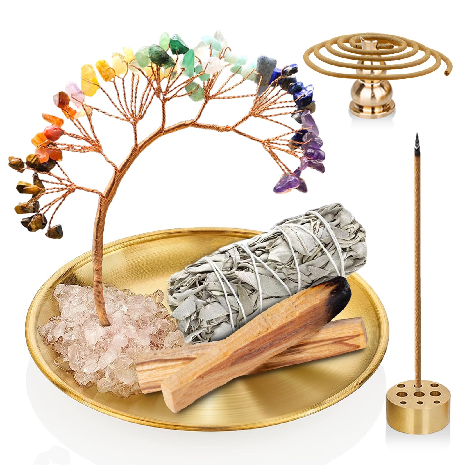 Crystal Tree Palo Santo Holder, 7 Chakra Incense Holder, Brass Incense Holder 5.5 inches, 6 in 1 Ash Catcher for Incense Sticks/Coil Incense/Sage/Incense Cones Yoga Meditation Room Home Décor