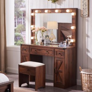 jxqtlingmu 43" makeup vanity desk with mirror and lights, farmhouse vanity dressing table set with 3 drawers & 2 cabinets, stool included, bedroom, brown