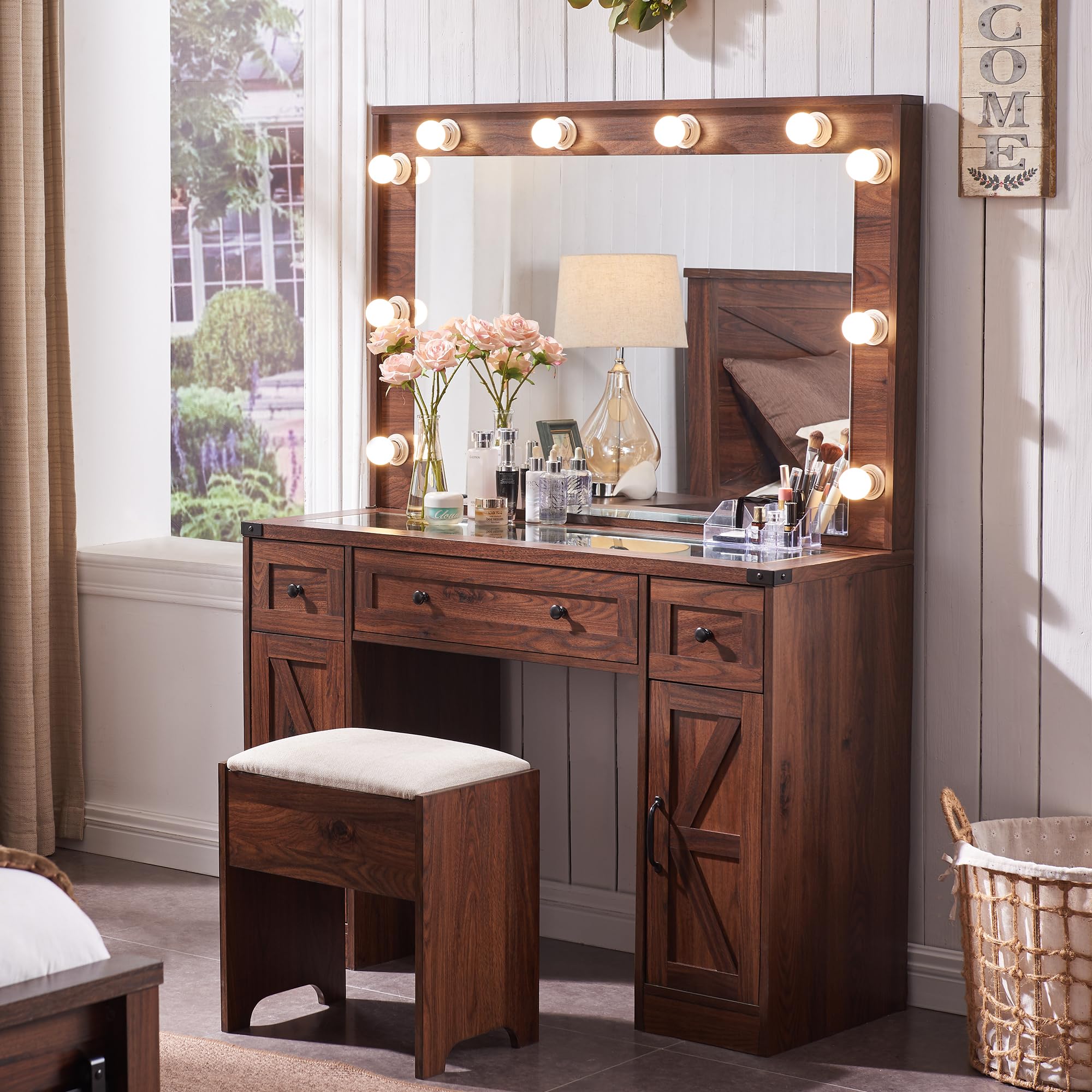 JXQTLINGMU 43" Makeup Vanity Desk with Mirror and Lights, Farmhouse Vanity Dressing Table Set with 3 Drawers & 2 Cabinets, Stool Included, Bedroom, Brown