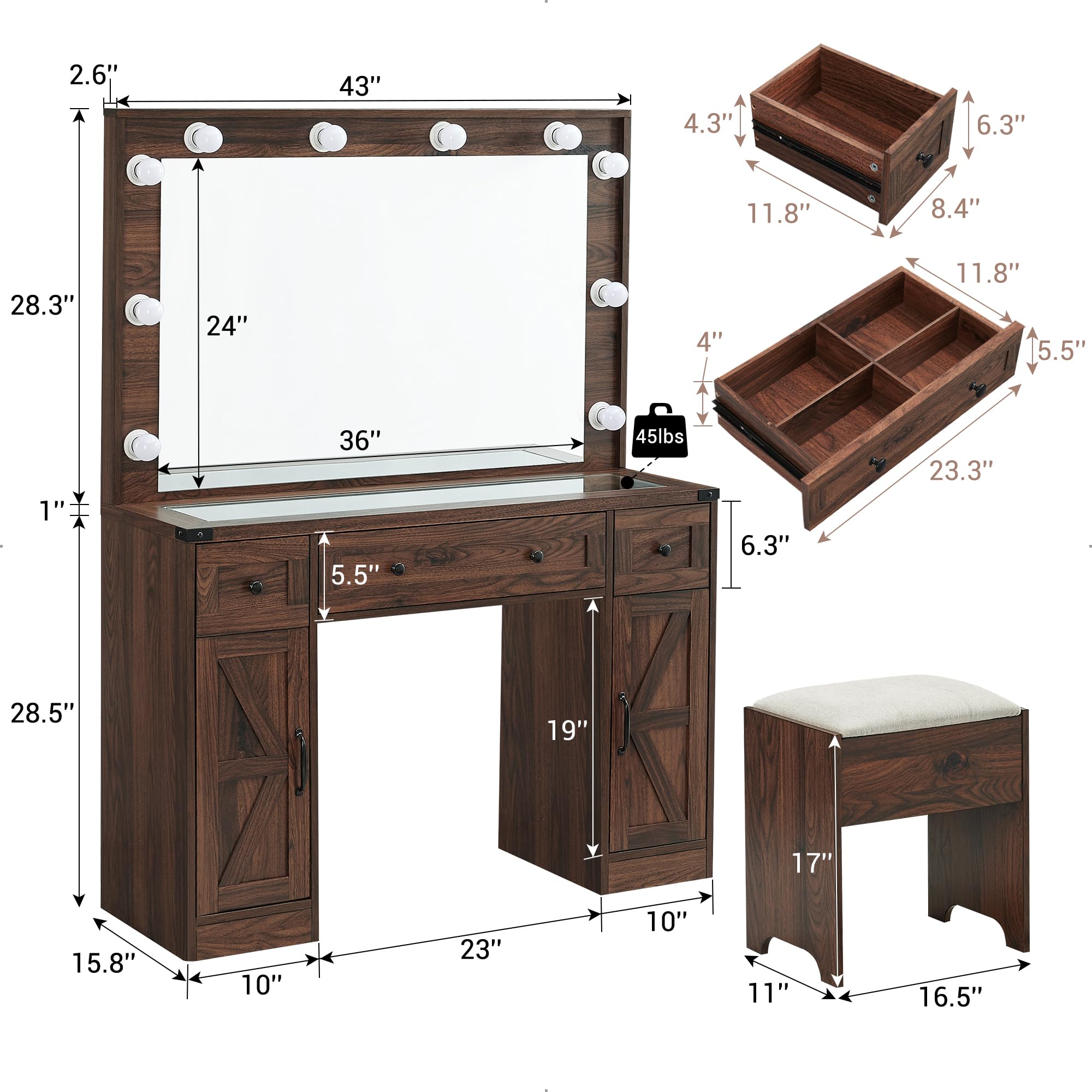 JXQTLINGMU 43" Makeup Vanity Desk with Mirror and Lights, Farmhouse Vanity Dressing Table Set with 3 Drawers & 2 Cabinets, Stool Included, Bedroom, Brown