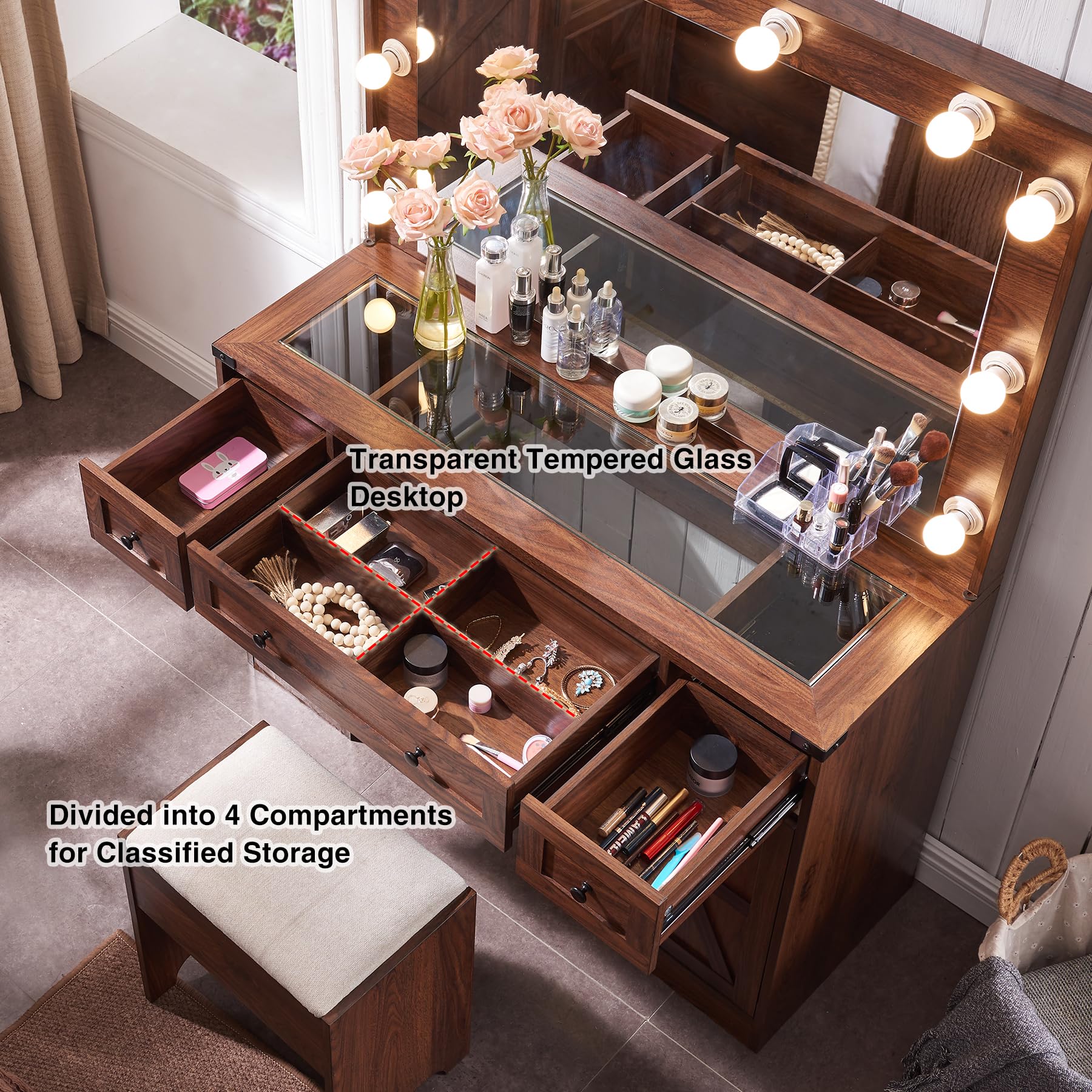 JXQTLINGMU 43" Makeup Vanity Desk with Mirror and Lights, Farmhouse Vanity Dressing Table Set with 3 Drawers & 2 Cabinets, Stool Included, Bedroom, Brown