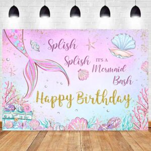 wollmix mermaid happy birthday backdrop decoration banner 10x7ft girls under the sea fish tail princess photography background party cake table photo booth studio props supplies