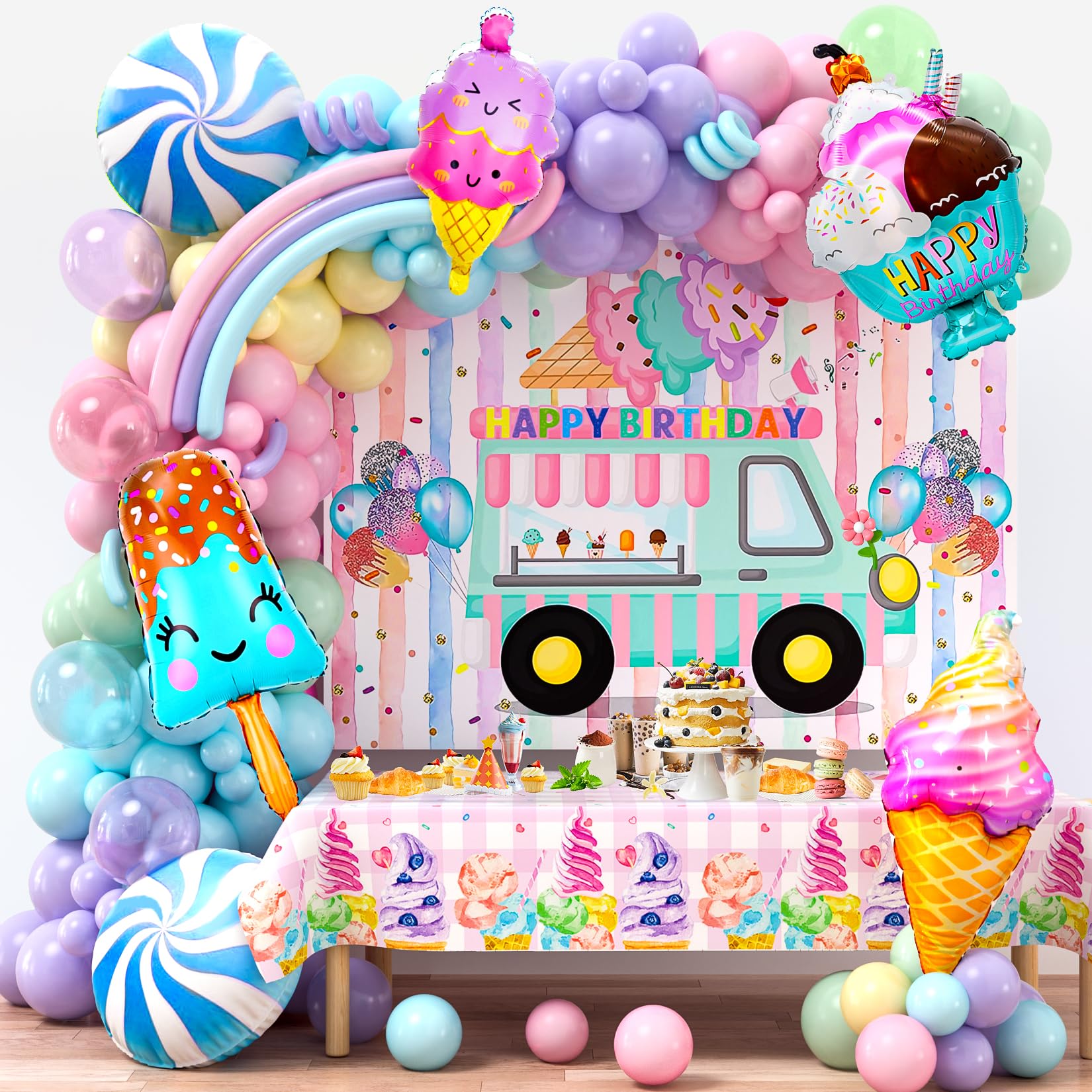 Winrayk Ice Cream Party Decorations Birthday Supplies for Girls, Pastel Ice Cream Balloons Garland Arch Kit Backdrop Tablecloth Candy Long Strip Balloon, Two Sweet Ice Cream Birthday Party Decorations