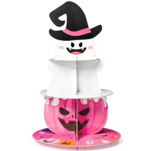 haooryx little boo party decorations cupcake stand, 3 tire pink boo pumpkin bat cupcake tower spider web cardboard dessert holder for halloween little boo theme party birthday baby shower table supply