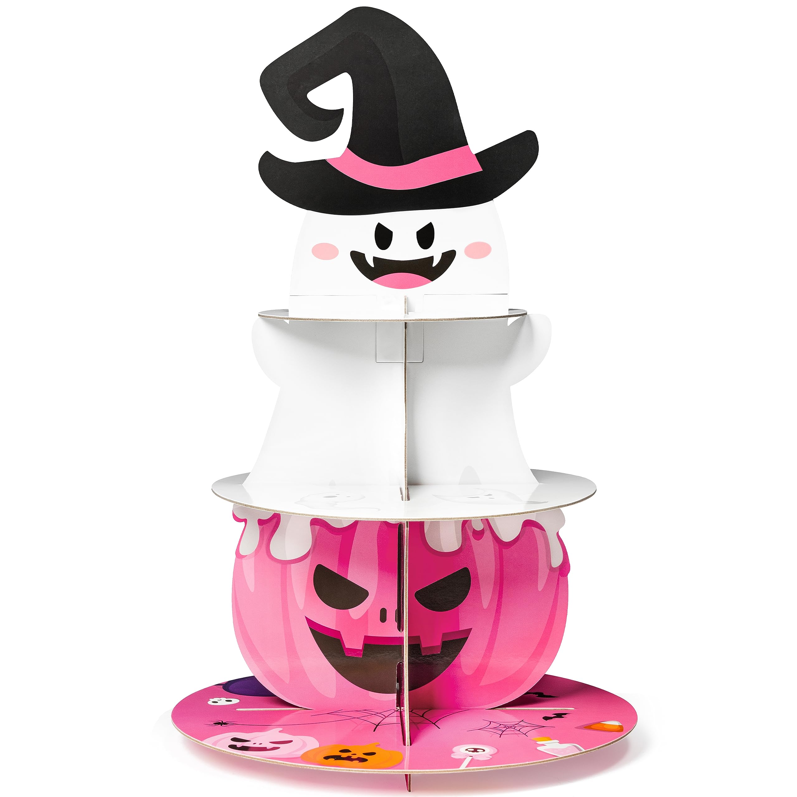 Haooryx Little Boo Party Decorations Cupcake Stand, 3 Tire Pink Boo Pumpkin Bat Cupcake Tower Spider Web Cardboard Dessert Holder for Halloween Little Boo Theme Party Birthday Baby Shower Table Supply