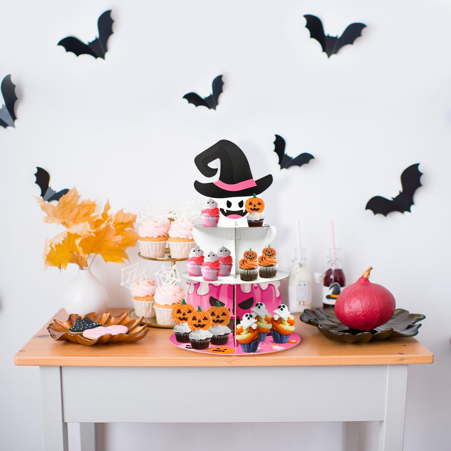 Haooryx Little Boo Party Decorations Cupcake Stand, 3 Tire Pink Boo Pumpkin Bat Cupcake Tower Spider Web Cardboard Dessert Holder for Halloween Little Boo Theme Party Birthday Baby Shower Table Supply