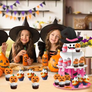 Haooryx Little Boo Party Decorations Cupcake Stand, 3 Tire Pink Boo Pumpkin Bat Cupcake Tower Spider Web Cardboard Dessert Holder for Halloween Little Boo Theme Party Birthday Baby Shower Table Supply