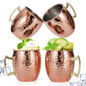 amrules moscow mule mugs set of 4, 16 oz hammered copper cups with 304 stainless steel lining and gold brass handles, perfect for cold drinks, beer, wine, bars, parties, gifts