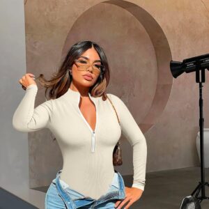 OQQ Women's 2 Piece Bodysuits Sexy Ribbed One Piece Zip Front Long Sleeve Tops Bodysuits Black Beige