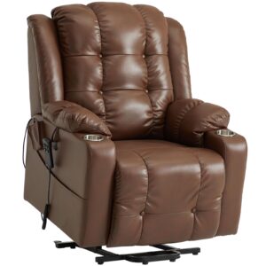 creatuis large lift recliner chair for elderly with massage and heat lay flat dual motor electric power lift chair cup holders side pocket faux leather (brown)