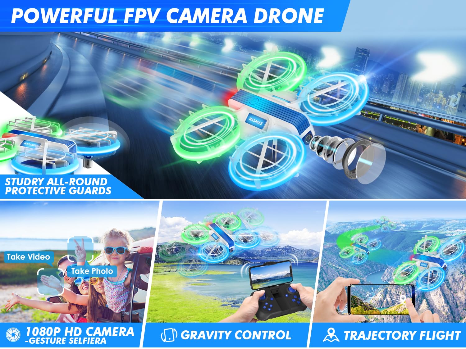 HASAKEE Drone with Camera 1080P HD FPV for Kids and Adults,Hobby RC Quadccopter for Beginners with Bright LED Light,Propeller Full Protect,2PCS Batteries,Kids Toy Easy to Play,M1S Drone