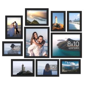 upsimples 10 pack picture frames collage wall decor with glass, gallery wall frame set for wall mounting or tabletop display, multi sizes including 8x10, 5x7, 4x6 family photo frames, black