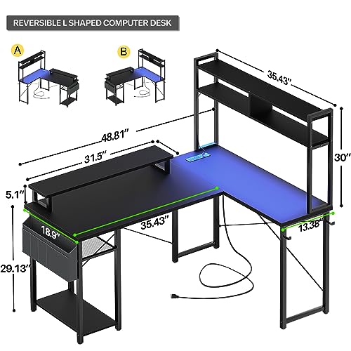 Aheaplus Small L Shaped Gaming Desk with LED Lights & Power Outlets, Reversible L-Shaped Computer Desk with Monitor Stand & Storage Shelf, Corner Desks Home Office Desk with Storage Bag, Black