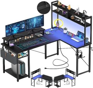 aheaplus small l shaped gaming desk with led lights & power outlets, reversible l-shaped computer desk with monitor stand & storage shelf, corner desks home office desk with storage bag, black