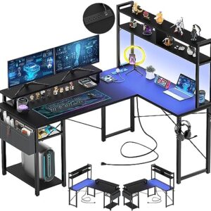 Aheaplus Small L Shaped Gaming Desk with LED Lights & Power Outlets, Reversible L-Shaped Computer Desk with Monitor Stand & Storage Shelf, Corner Desks Home Office Desk with Storage Bag, Black