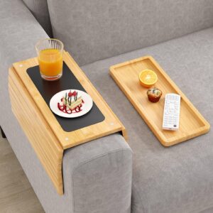 bamboo sofa arm tray table - couch arm tray with extra removable tray, anti-slip sofa armrest tray, large couch cup holder tray for phone, cups, remote, flexible and foldable