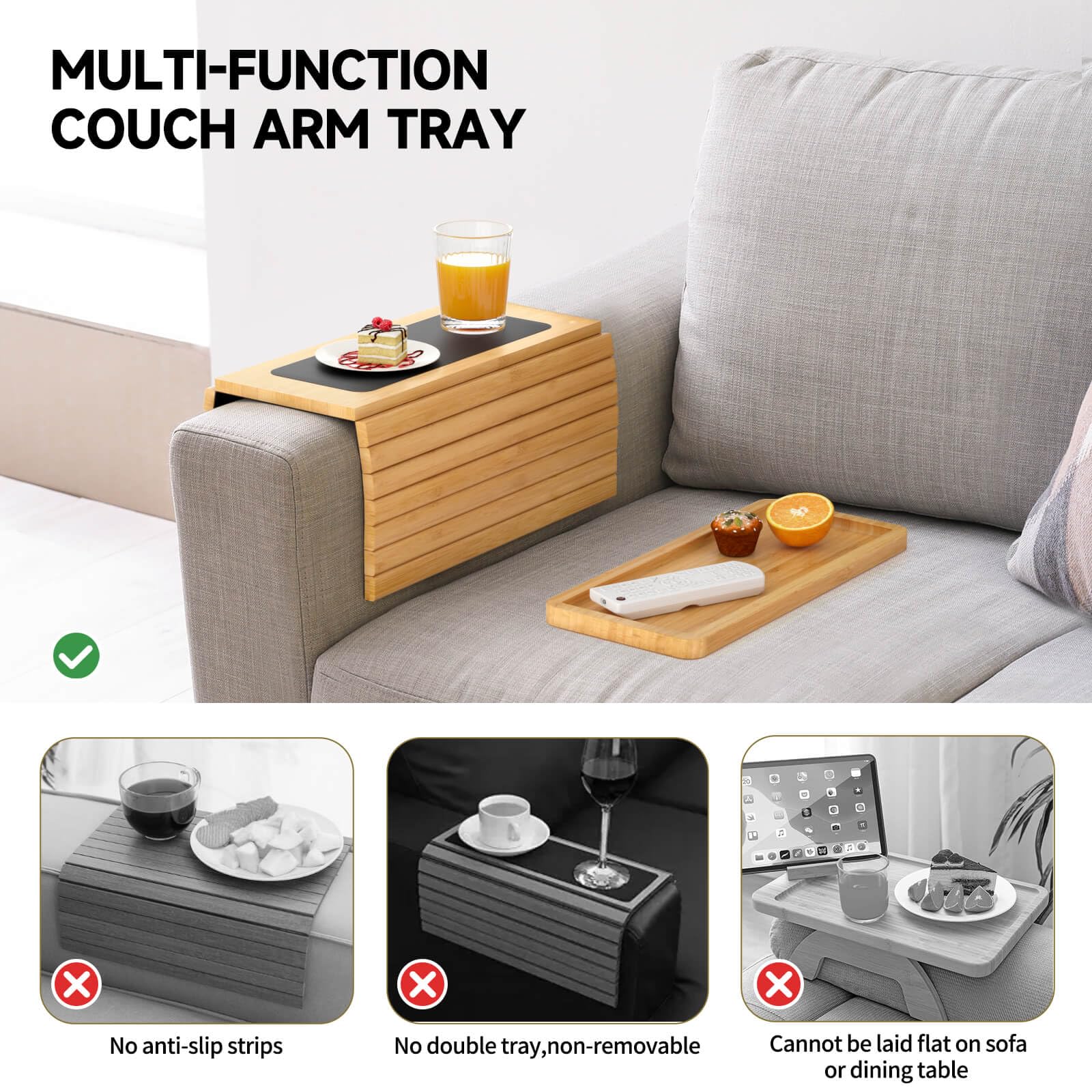 Bamboo Sofa Arm Tray Table - Couch Arm Tray with Extra Removable Tray, Anti-Slip Sofa Armrest Tray, Large Couch Cup Holder Tray for Phone, Cups, Remote, Flexible and Foldable