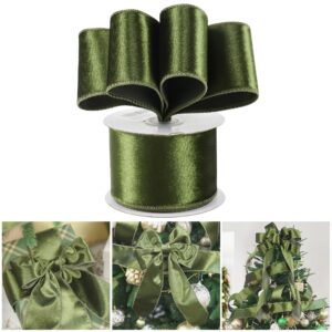 aimudi olive green velvet wired ribbon 2.5 inch green christmas ribbon wired dark moss green ribbon for christmas tree, wreaths, swags, gift wrapping, garland, holiday crafts, topper bows - 10 yards