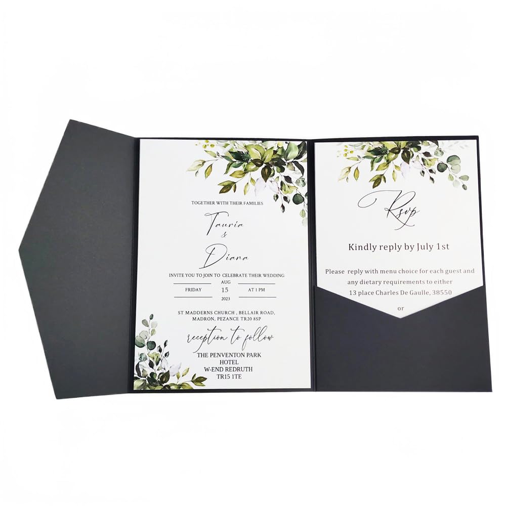 MillaSaw Black Invitation Card Pocket With Envelop For Wedding Birthday Brial Shower 20 sets (black)