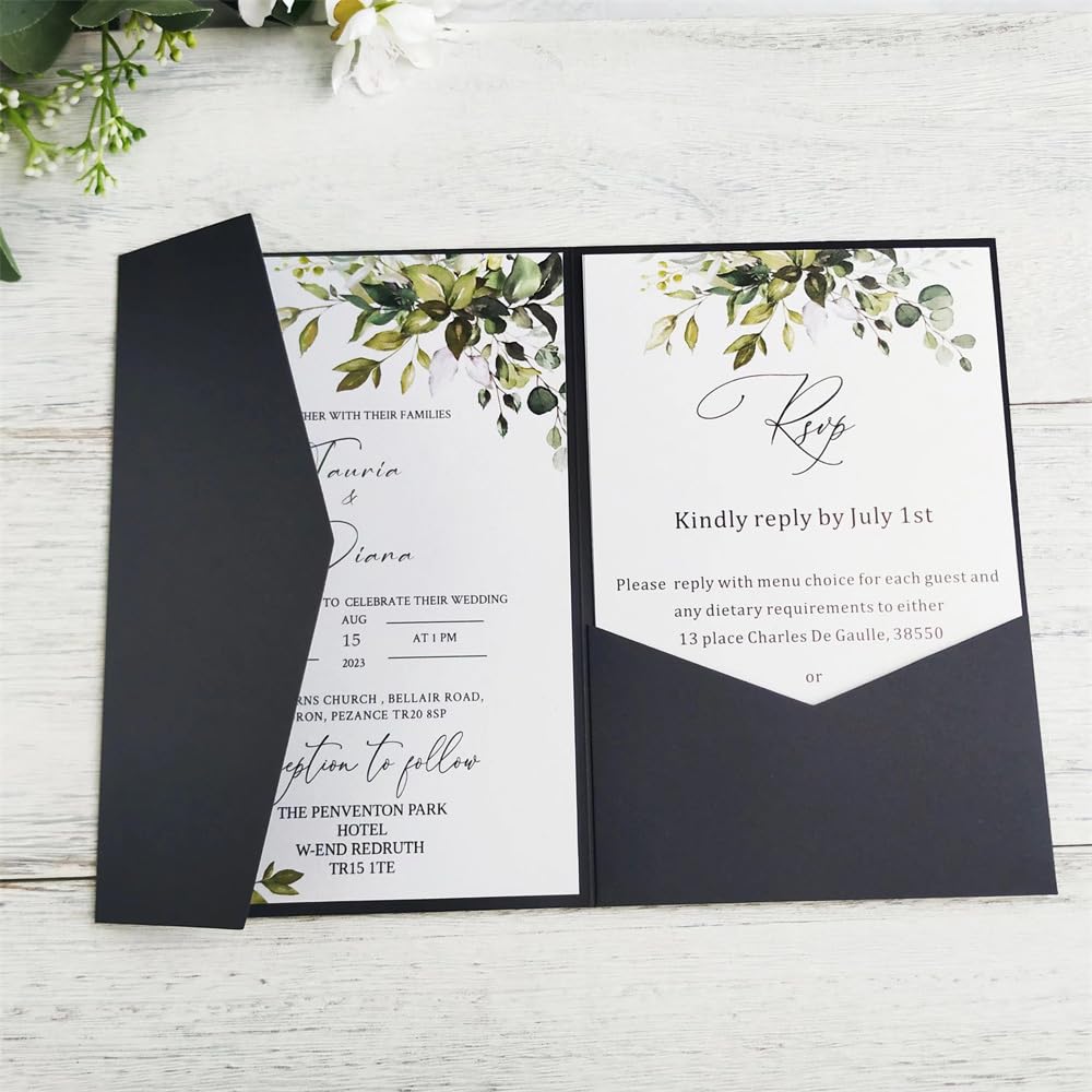 MillaSaw Black Invitation Card Pocket With Envelop For Wedding Birthday Brial Shower 20 sets (black)