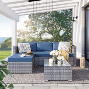 sunlei 3-piece patio sectional sofa, patio furniture set with cushions, all weather outdoor pe wicker patio conversation sofa set with glass coffee table & ottoman, silver rattan/aegean blue