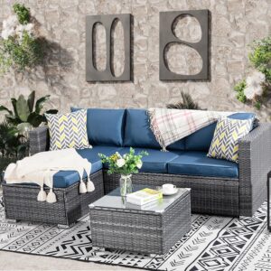 SUNLEI 3-Piece Patio Sectional Sofa, Patio Furniture Set with Cushions, All Weather Outdoor PE Wicker Patio Conversation Sofa Set with Glass Coffee Table & ottoman, Silver Rattan/Aegean Blue