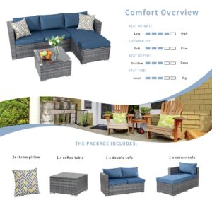 SUNLEI 3-Piece Patio Sectional Sofa, Patio Furniture Set with Cushions, All Weather Outdoor PE Wicker Patio Conversation Sofa Set with Glass Coffee Table & ottoman, Silver Rattan/Aegean Blue