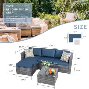 SUNLEI 3-Piece Patio Sectional Sofa, Patio Furniture Set with Cushions, All Weather Outdoor PE Wicker Patio Conversation Sofa Set with Glass Coffee Table & ottoman, Silver Rattan/Aegean Blue