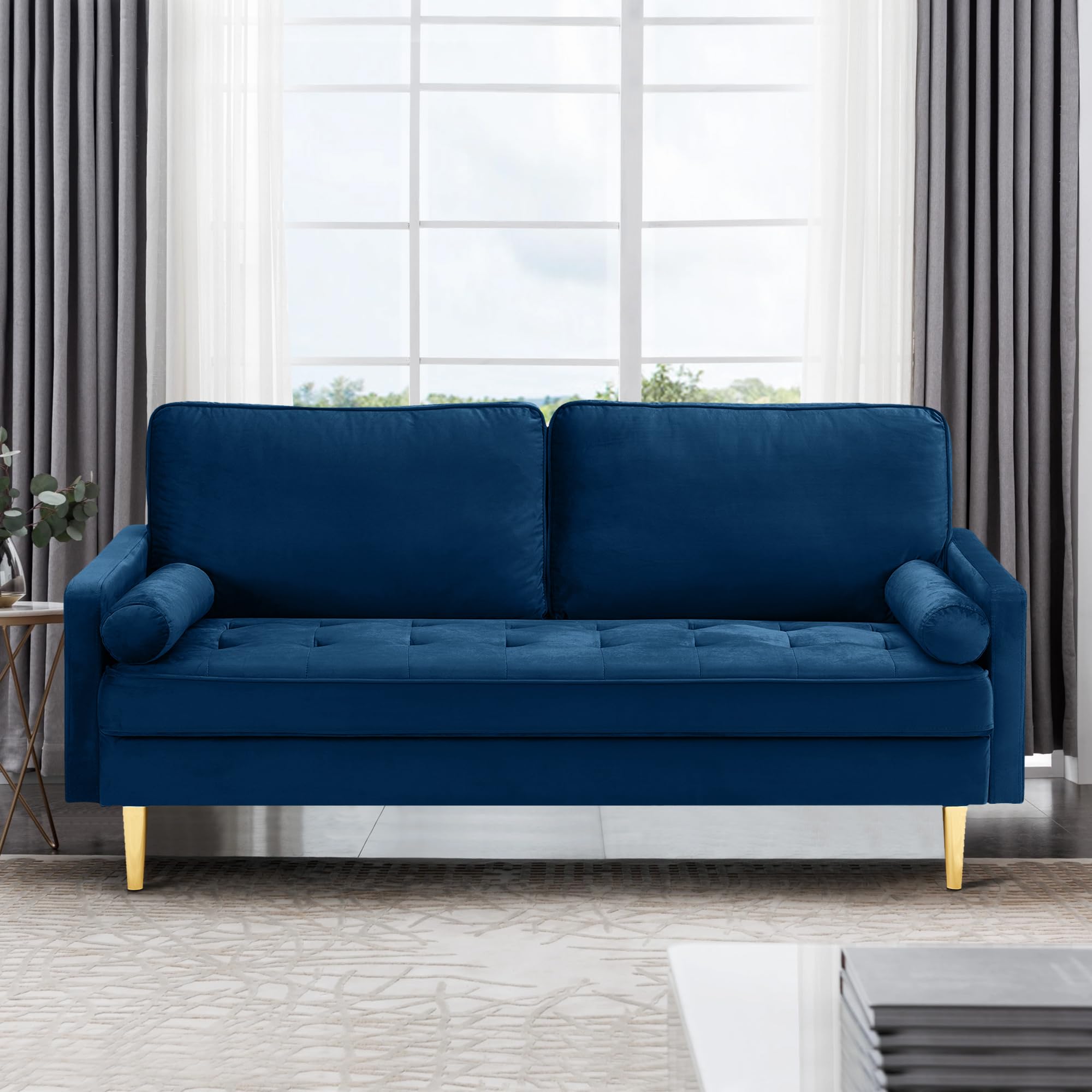 RXRRXY 67" Modern Velvet Loveseat Sofa Couch, Mid-Century Tufted Upholstered Small Love Seat Couch with 2 Pillows & 4 Golden Legs, 2-Seats Couches for Compact Space, Living Room, Apartment (Navy)