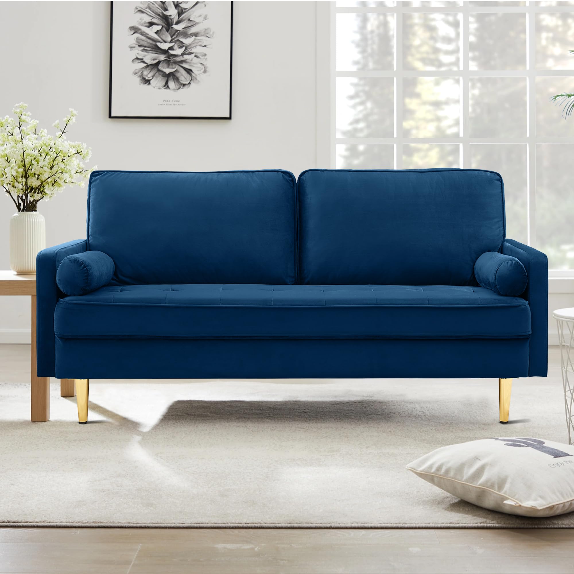 RXRRXY 67" Modern Velvet Loveseat Sofa Couch, Mid-Century Tufted Upholstered Small Love Seat Couch with 2 Pillows & 4 Golden Legs, 2-Seats Couches for Compact Space, Living Room, Apartment (Navy)