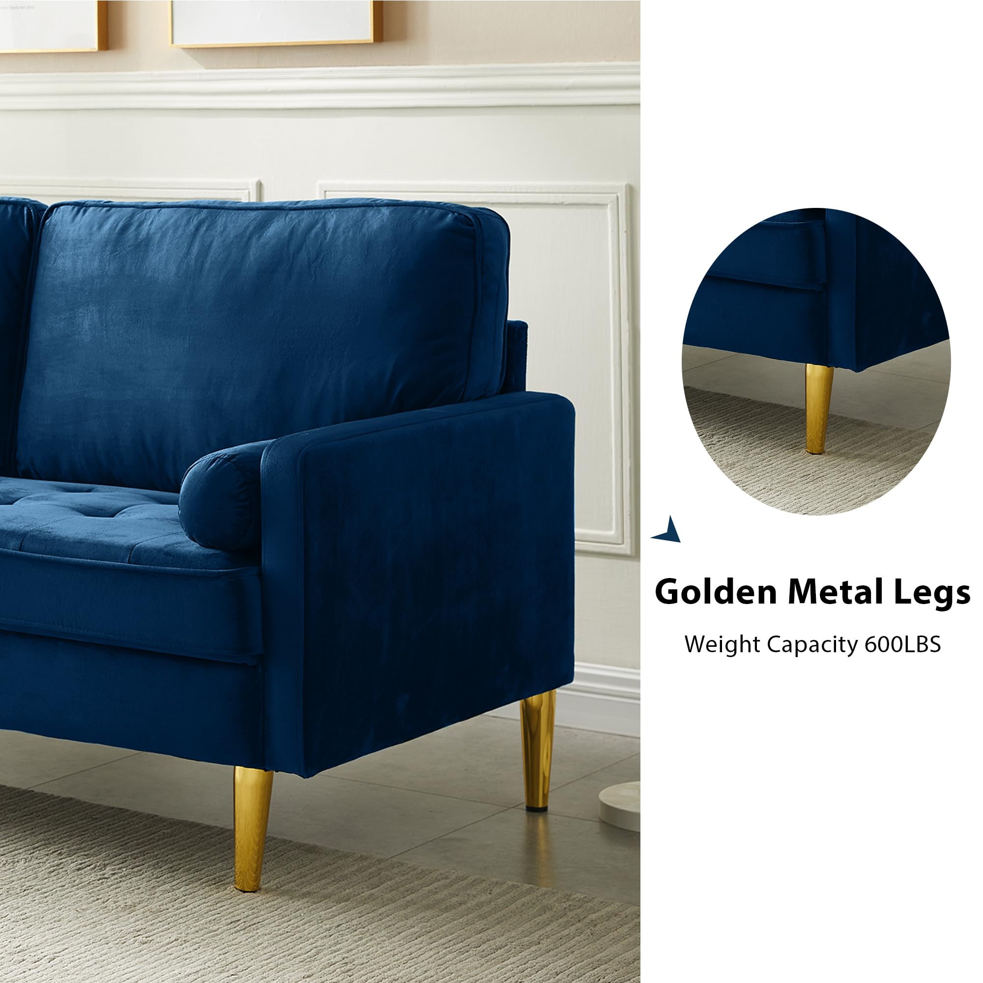 RXRRXY 67" Modern Velvet Loveseat Sofa Couch, Mid-Century Tufted Upholstered Small Love Seat Couch with 2 Pillows & 4 Golden Legs, 2-Seats Couches for Compact Space, Living Room, Apartment (Navy)