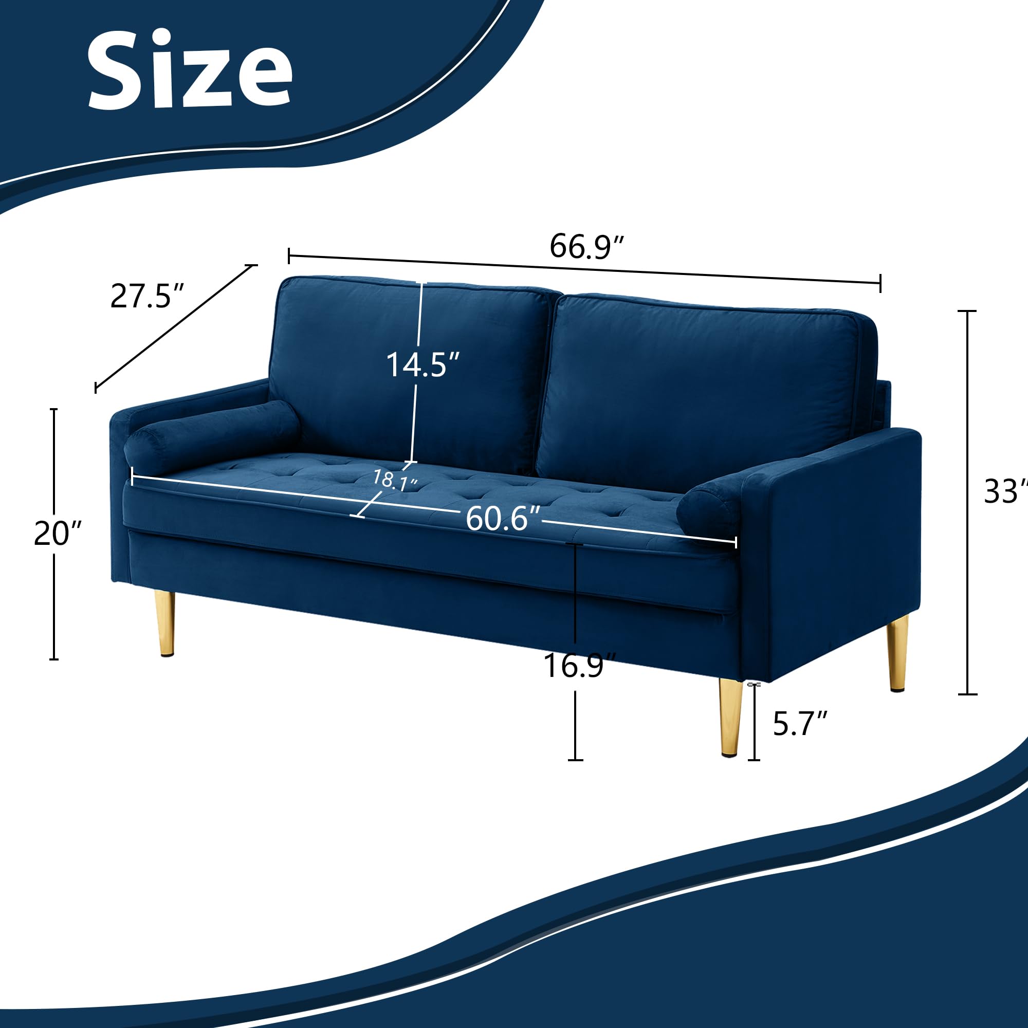 RXRRXY 67" Modern Velvet Loveseat Sofa Couch, Mid-Century Tufted Upholstered Small Love Seat Couch with 2 Pillows & 4 Golden Legs, 2-Seats Couches for Compact Space, Living Room, Apartment (Navy)