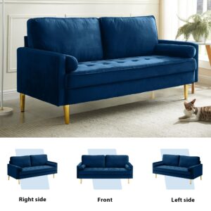 RXRRXY 67" Modern Velvet Loveseat Sofa Couch, Mid-Century Tufted Upholstered Small Love Seat Couch with 2 Pillows & 4 Golden Legs, 2-Seats Couches for Compact Space, Living Room, Apartment (Navy)