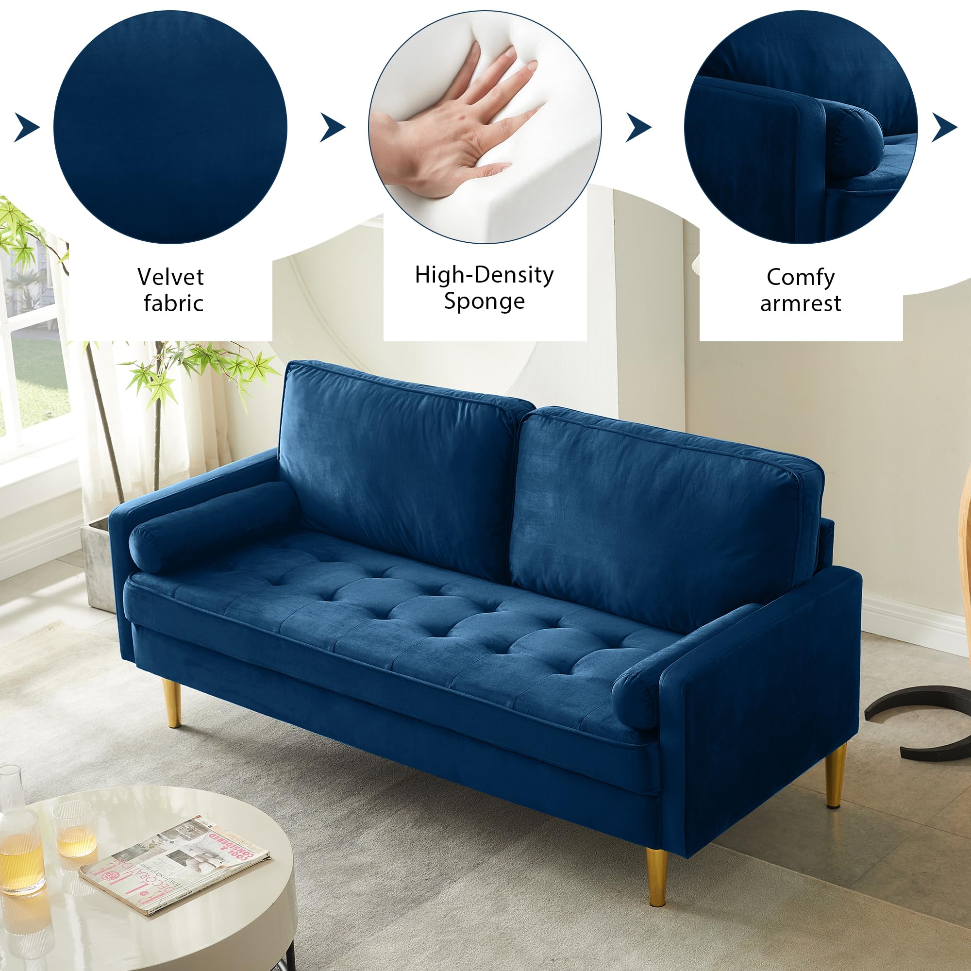 RXRRXY 67" Modern Velvet Loveseat Sofa Couch, Mid-Century Tufted Upholstered Small Love Seat Couch with 2 Pillows & 4 Golden Legs, 2-Seats Couches for Compact Space, Living Room, Apartment (Navy)