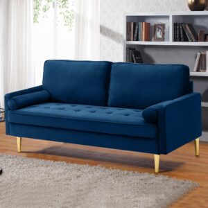 RXRRXY 67" Modern Velvet Loveseat Sofa Couch, Mid-Century Tufted Upholstered Small Love Seat Couch with 2 Pillows & 4 Golden Legs, 2-Seats Couches for Compact Space, Living Room, Apartment (Navy)