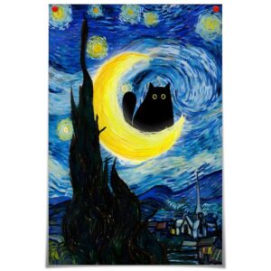 koeuirw funny starry night cat canvas wall art famous oil paintings black cat poster funny cat floral print colorful abstract gallery aesthetic room wall decor for bedroom 16x24in unframed