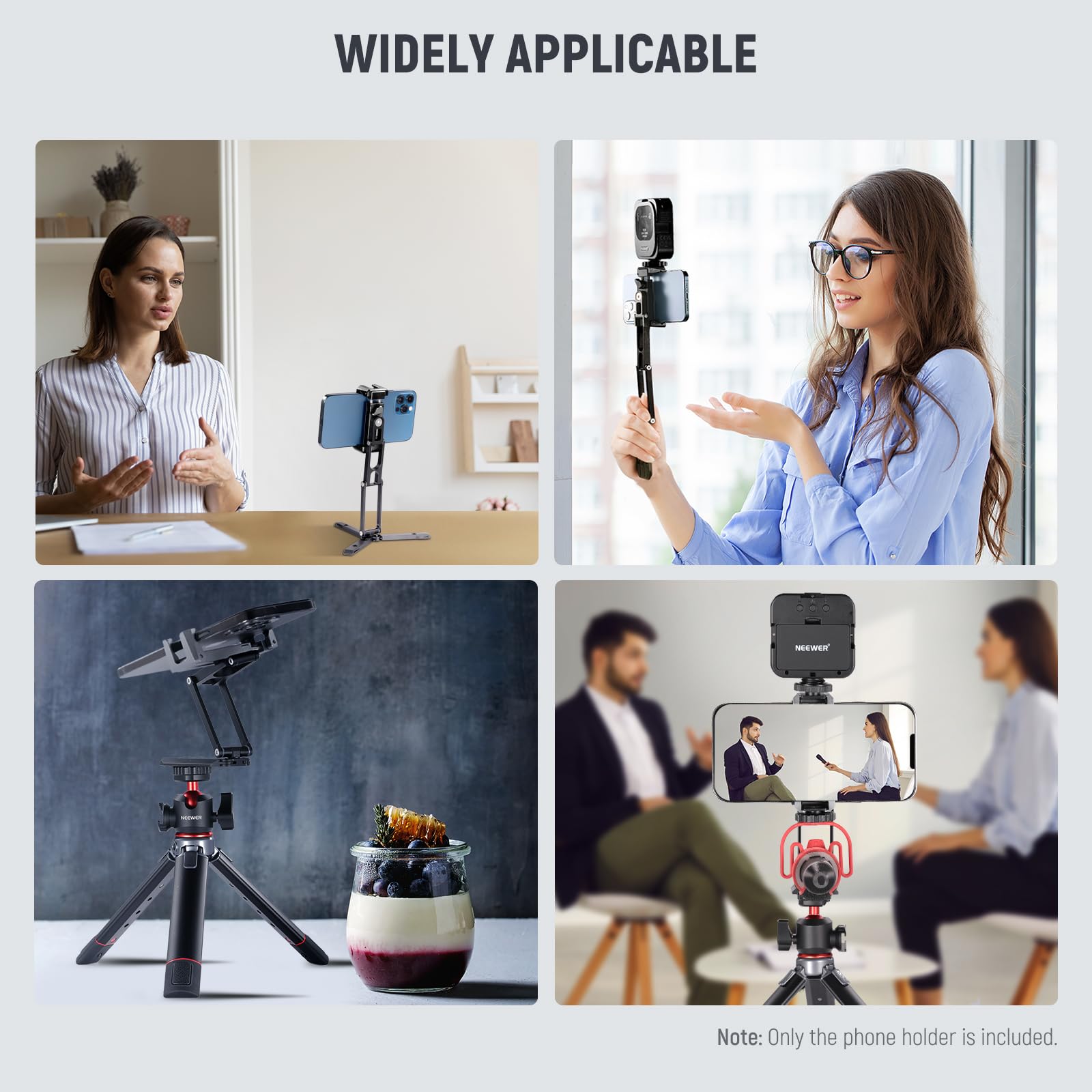 NEEWER Phone Tripod Mount with Cold Shoes, Metal Smartphone Tripod Adapter Compatible with iPhone, Multi Angle Tri Fold Cell Phone Holder Desktop Tripod, Handheld Phone Grip for Streaming Vlog SP-04