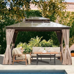 domi outdoor living 10’ x 12’ hardtop gazebo, outdoor aluminum frame canopy with polycarbonate double roof, outdoor permanent metal pavilion with curtains and netting for patio, backyard and lawn