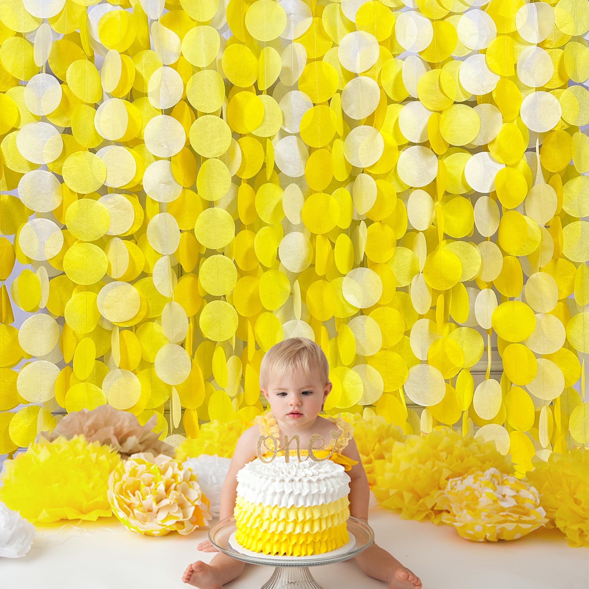 192Ft Yellow Party Decorations Ombre Yellow White Big Polka Dots Backdrop Streamer Gradient Yellow Tissue Paper Circle Dot Hanging Garland for Lemon Bee Sunflower Birthday Baby Shower Party Supplies