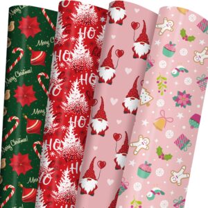 giolainy christmas wrapping paper for kids boys girls baby men women - xmas gift wrap contain red trees, pink santa, snowflakes, green "merry christmas" with holly design - 6 sheets (29*42 inch per