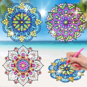 bsresin diamond art stained glass window clings with diamond diy pen, 3 pcs mandala window stickers for suncatchers, diamond art kits for adults, diamond art accessories